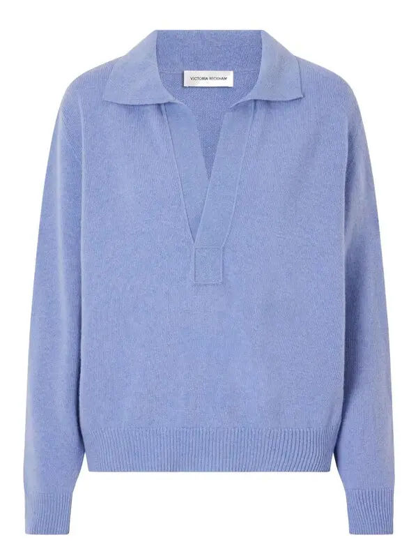 Victoria Beckham Genevieve Wool And Cashmere Blend Polo Shirt - Light Blue