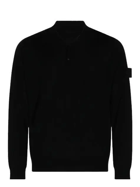 Stone Island Long-sleeved Knit Polo Shirt - Black