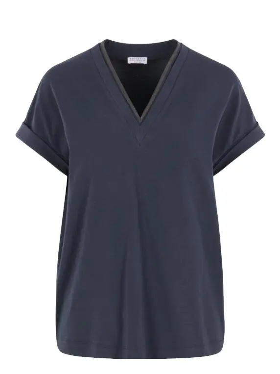 Brunello Cucinelli V-neck T-shirt With Rolled Cuffs - Black