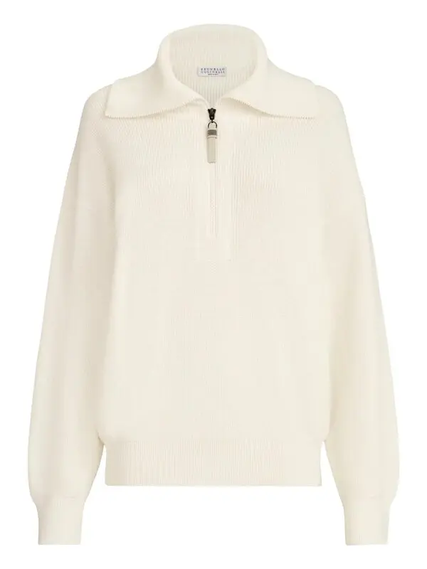 Brunello Cucinelli Half-zip Ribbed Knit Long-sleeve Pullover - White