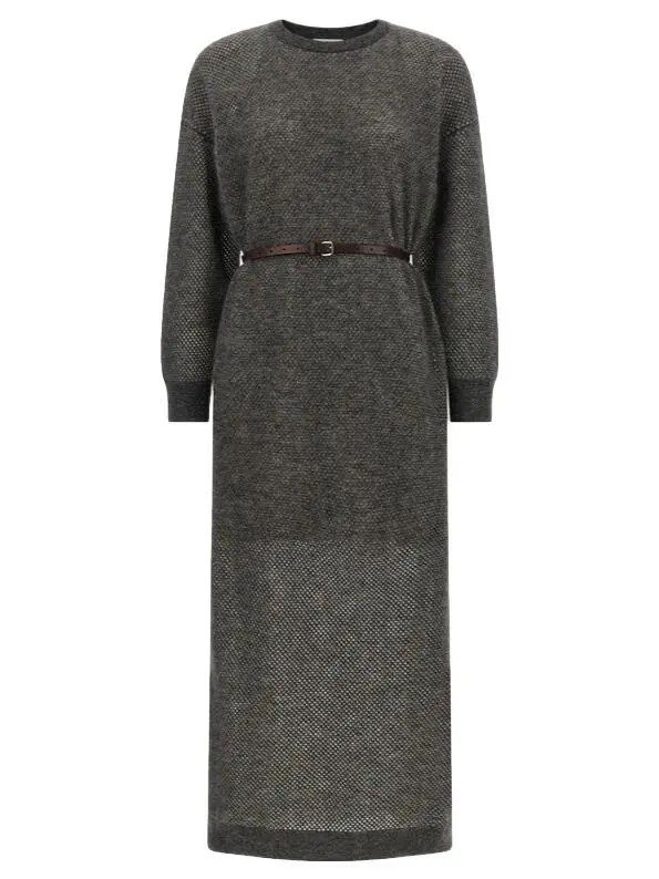 Brunello Cucinelli Monile Belted Mesh-knit Midi Dress - Grey