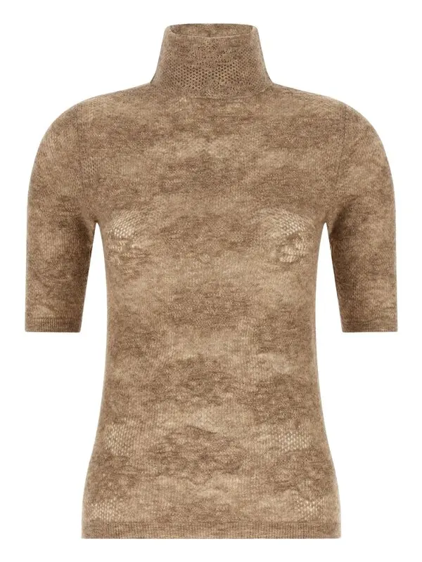 Brunello Cucinelli Openwork High Neck Short-sleeve Sweater - Beige