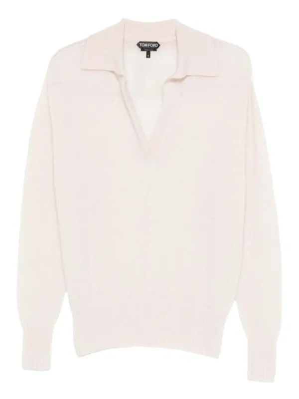 TOM FORD Polo Collar V-neck Knit Top - Pink Beige