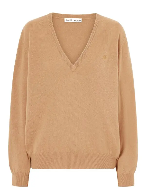 BLAZÉ MILANO Embroidered V-neck Wool And Cashmere-blend Sweater - Camel
