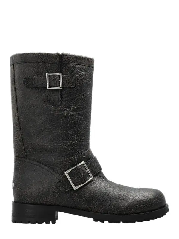 JIMMY CHOO Logo Plaque Buckled Patchwork Boots - Black