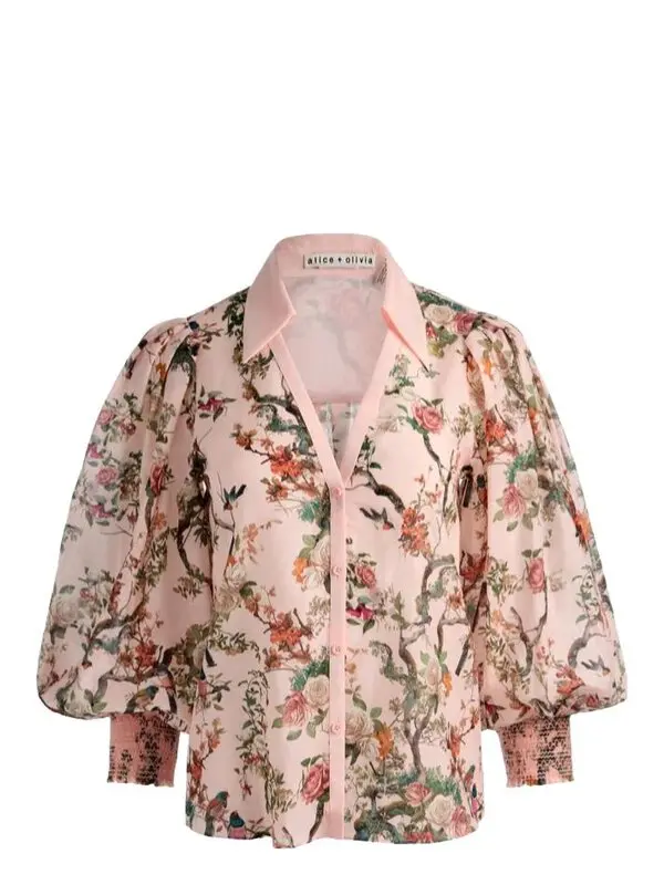 ALICEOLIVIA Alice + Olivia Floral Puff-sleeve Button-down Shirt - Nude
