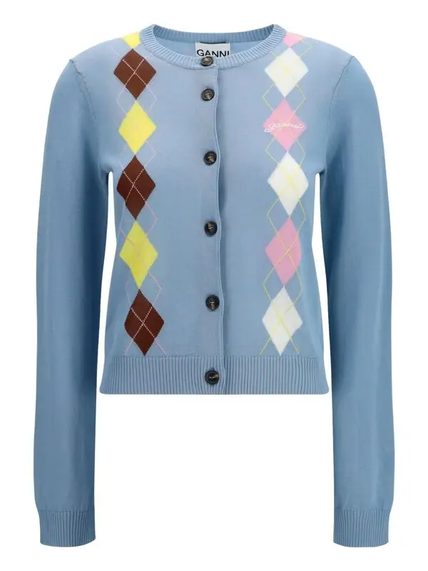 GANNI Argyle Buttoned Cardigan - Blue
