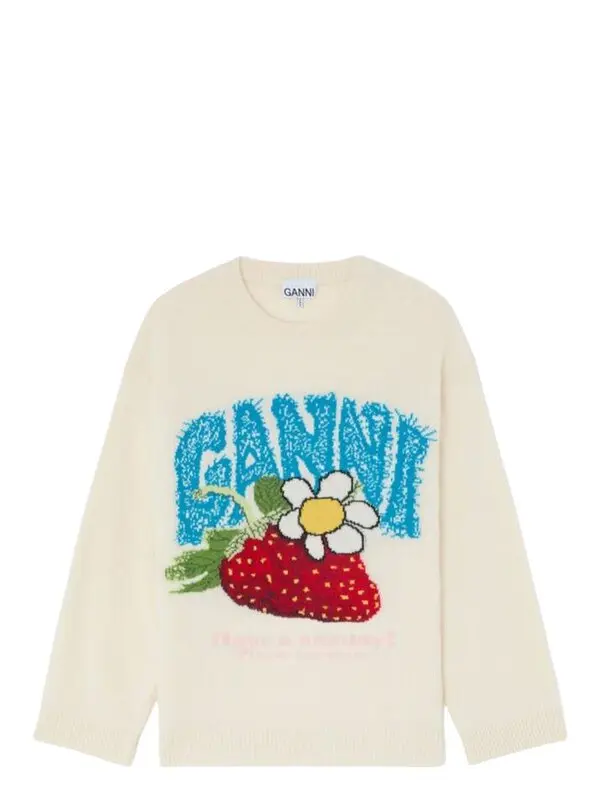GANNI Strawberry Print Oversized Jumper - Egret