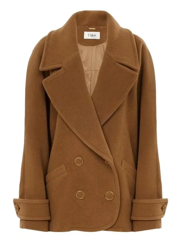 Chloé Double-breasted Herringbone Short Coat - Grey Camel