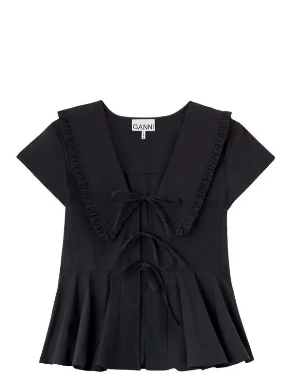 GANNI Ruffled Peplum Poplin Top - Black