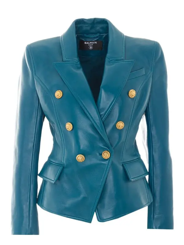 Balmain Double-breasted Leather Blazer - Blue