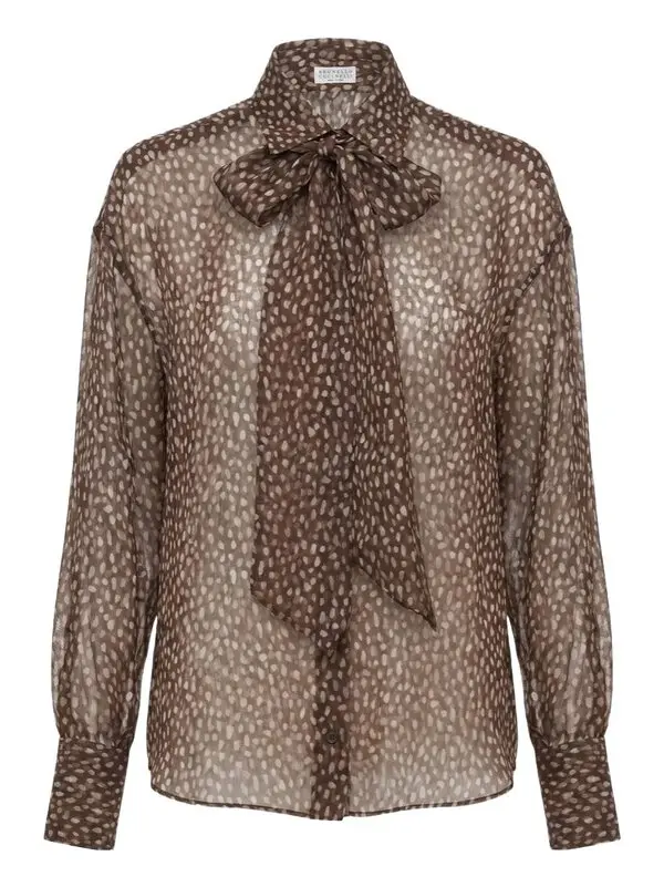Brunello Cucinelli Dapple Silk Organza Shirt With Tie-neck - Brown