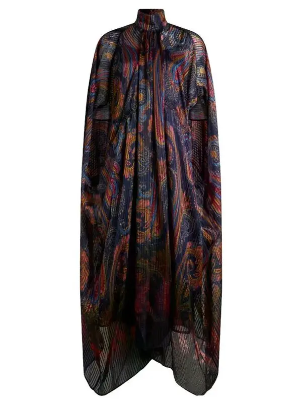 Etro Long Silk Dress With Cape And Degrade Paisley Motif - Blue