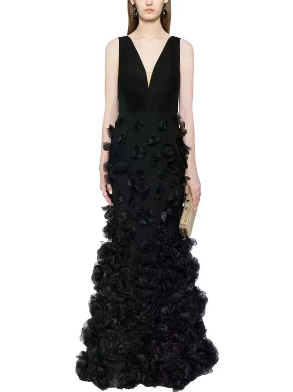 Marchesa Floral Appliqué Gown - Black