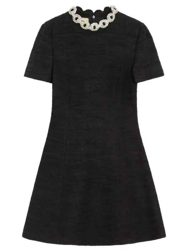 Valentino Garavani Embroidered Crinkle Cotton Tweed Short Dress - Black