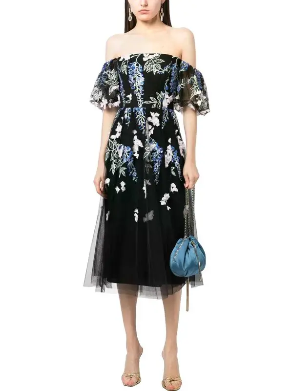 Marchesa Off-shoulder Floral Embroidered Midi Dress - Black