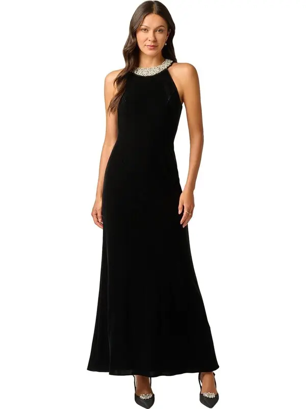 Adrianna Papell Velvet Halter Gown With Beaded Collar - Black