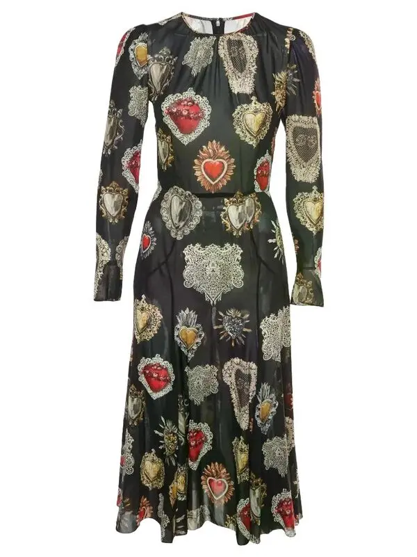 Dolce & Gabbana Sacred Hearts Long-sleeve Silk Midi Dress - Black