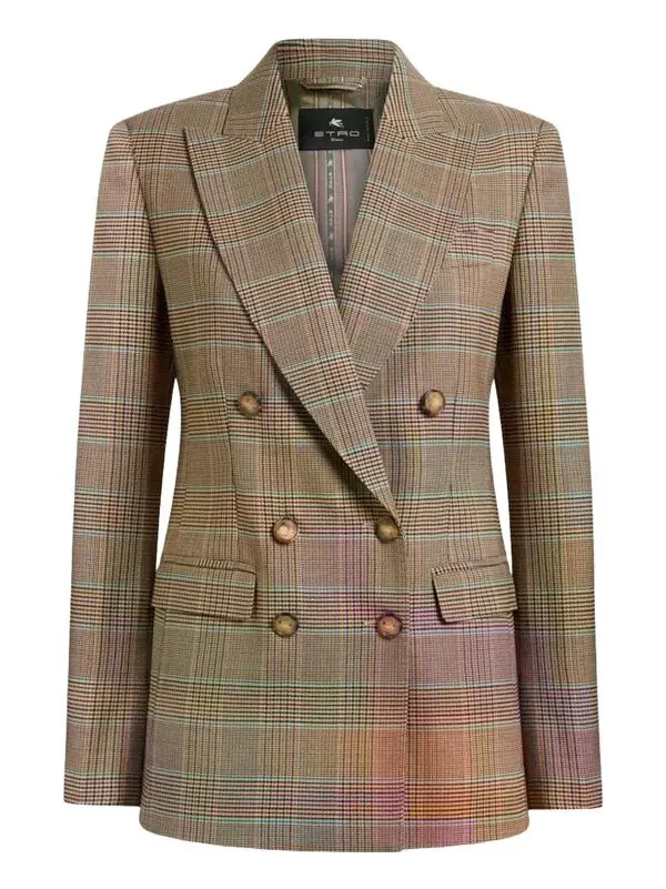 Etro Double-breasted Prince Of Wales Motif Stretch-wool Jacket - Neutrals