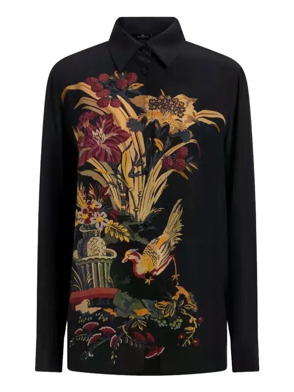 Etro Silk Crepe De Chine Shirt With Placed Print - Black