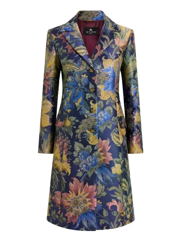 Etro Cotton-silk Blend Jacquard Floral Motif Coat - Blue