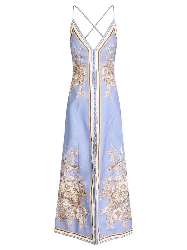 Zimmermann Floral Print Linen Maxi Dress - Light Blue
