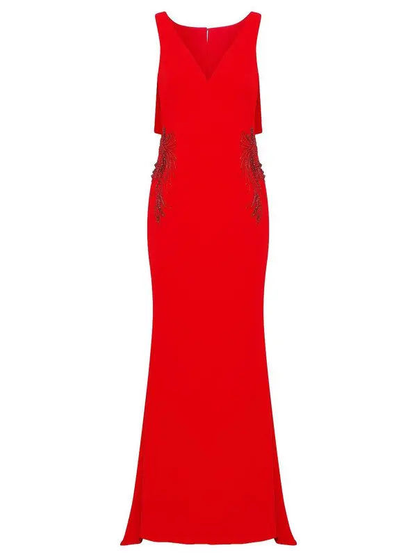 Badgley Mischka Embellished Cutout Crepe De Chine Gown - Red