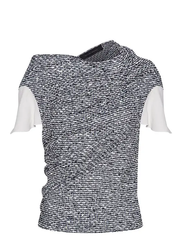 Roland Mouret Draped Two-tone Bouclé And Crepe De Chine Top - Navy