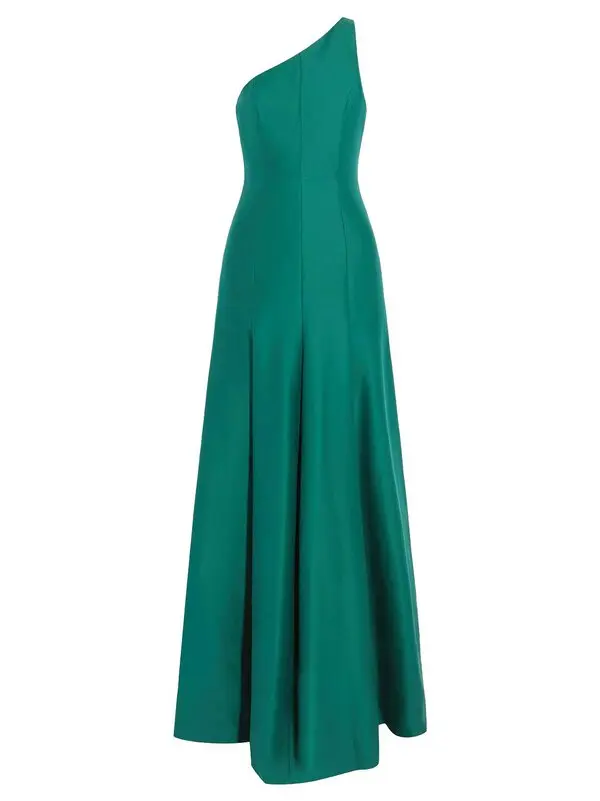 Halston One-shoulder Gown In Cotton And Silk Blend - Emerald