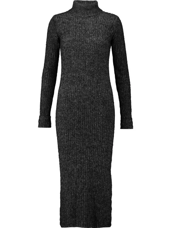 GANNI Ribbed Knit Turtleneck Midi Dress - Dark Gray