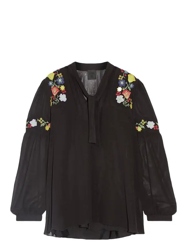 Anna Sui Embroidered Georgette Blouse - Black