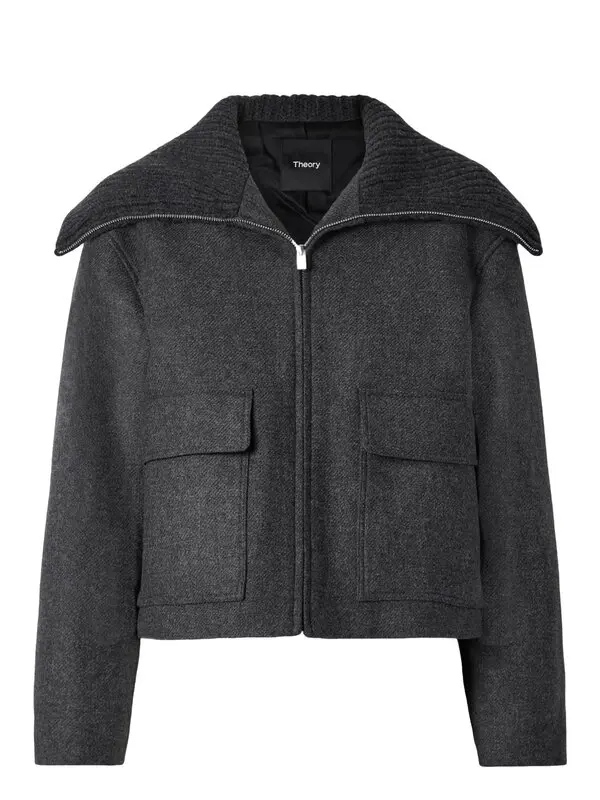 Theory Ribbed Wool Trim Wool Blend Twill Jacket - Charcoal-grey