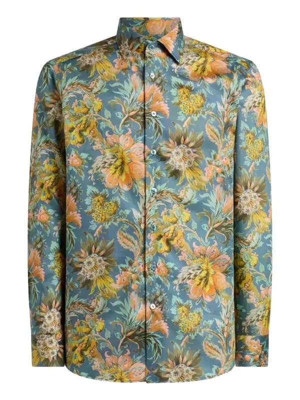 Etro Cotton Satins Shirt With Floral Motif - Blue