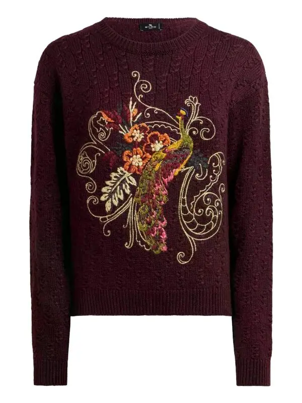 Etro Cropped Cable-knit Cashmere-blend Sweater With Peacock Embroidery - Red