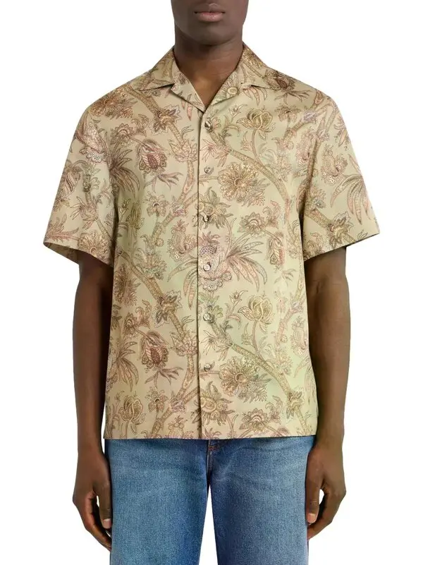 Etro Bowling Shirt In Cotton Satin With Floral Paisley Motif - Neutrals
