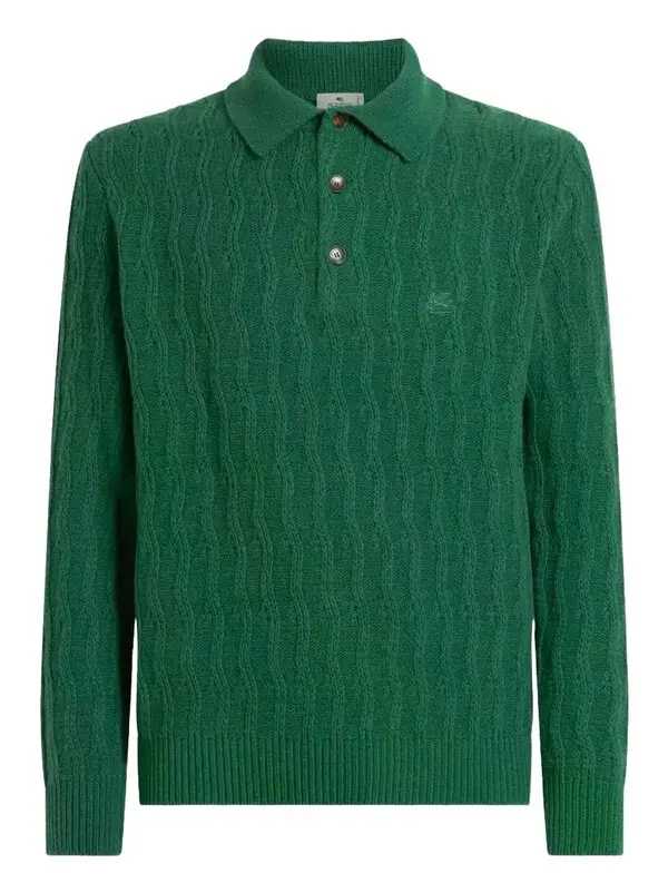 Etro Polo-style Sweater In Cashmere With Wavy-motif - Green