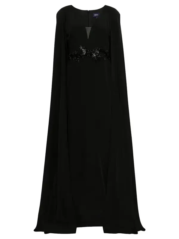 Marchesa Sleeveless Floral Appliqué Cape Gown - Black