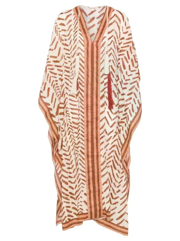 Johanna Ortiz Beige Abstract Pattern V-neck Midi Dress - Neutrals