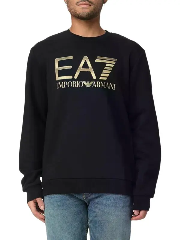 EA7 Logo Print Cotton Sweatshirt - Black