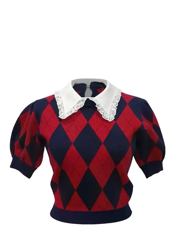 Alessandra Rich Argyle Lace-collar Top - Red