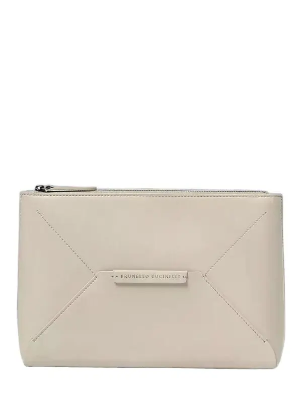Brunello Cucinelli Leather Clutch Bag With Logo Plaque - Neutrals