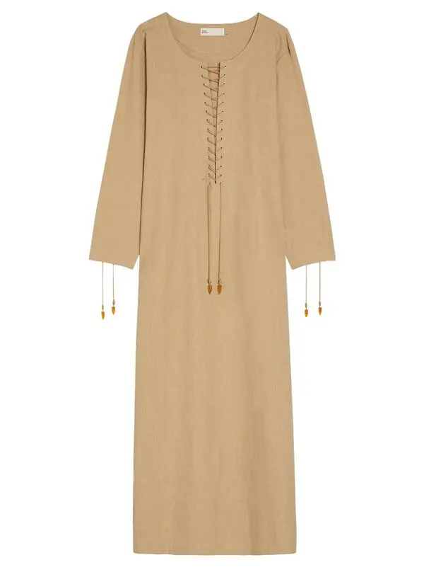 Tory Burch Lace-up Linen-blend Maxi Tunic Dress - Sand