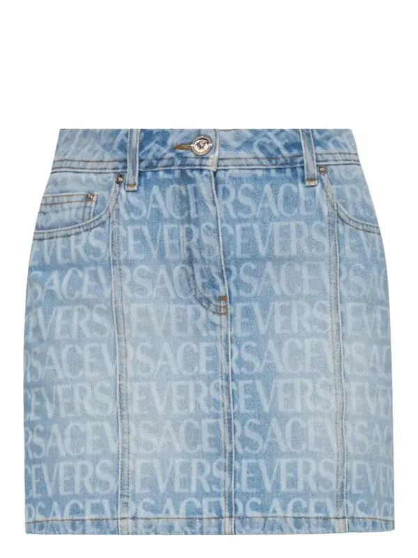 Versace Low-rise Logo-printed Denim Mini Skirt - Blue