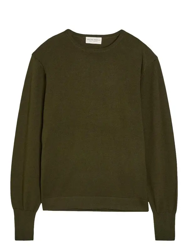 Officine Générale Merino Wool Crew Neck Jumper With Side Slits - Olive