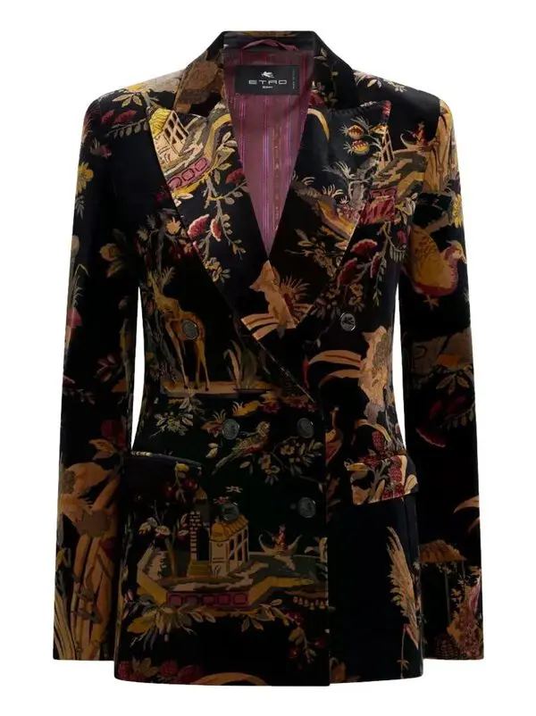 Etro Double-breasted Velvet Jacket With All-over Overprint - Black
