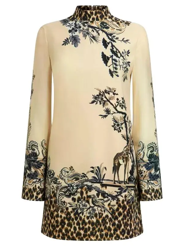 Etro Envers Satin Mini Dress With Front Print And Leopard Motif - Neutrals