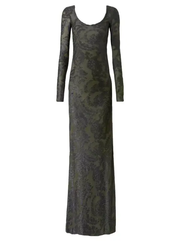 Etro Chenille Jacquard Paisley Foliage Long Dress - Green