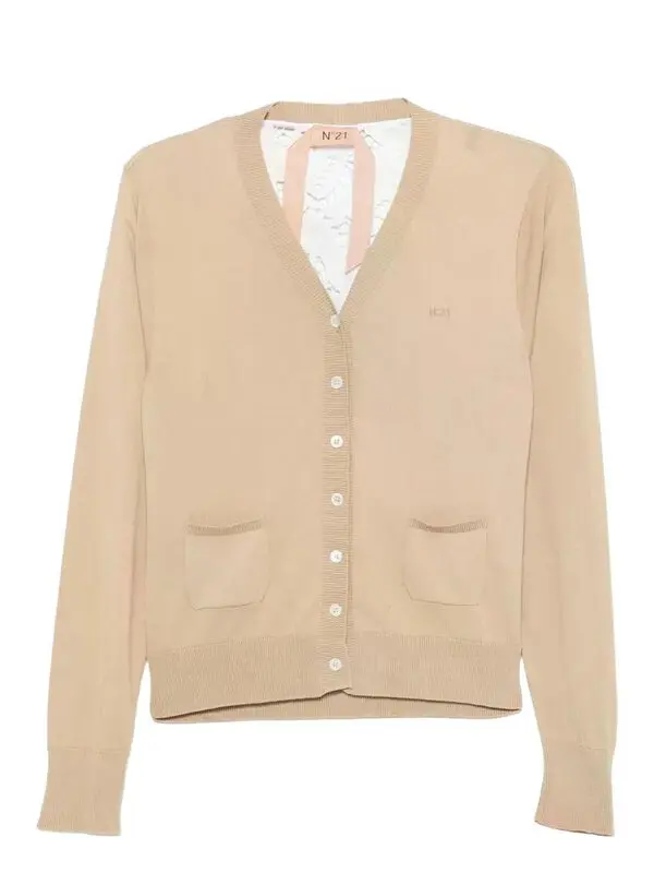 N°21 Lace-panelled V-neck Cardigan - Neutrals