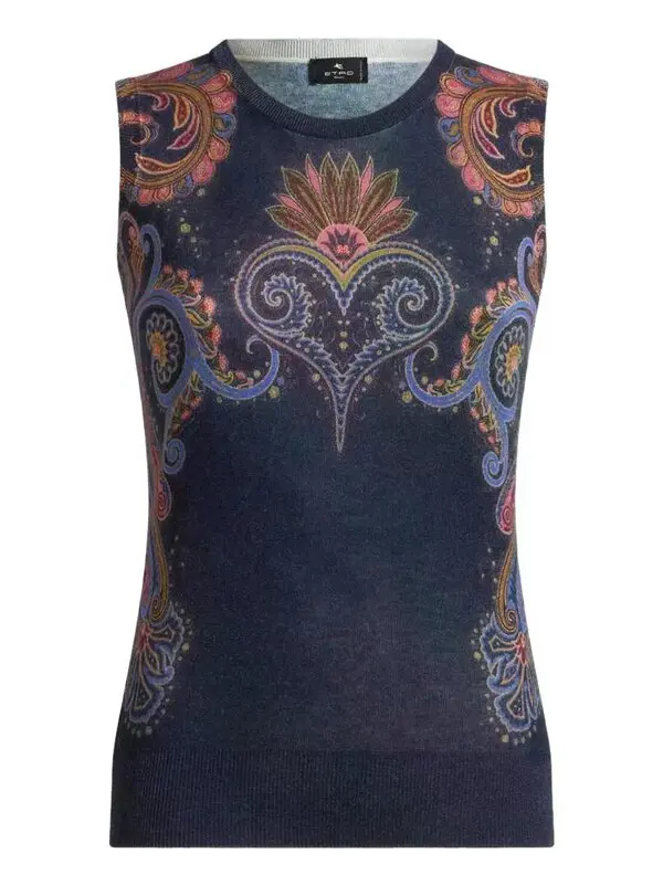 Etro Sleeveless Silk And Cashmere Top With Paisley Print - Blue