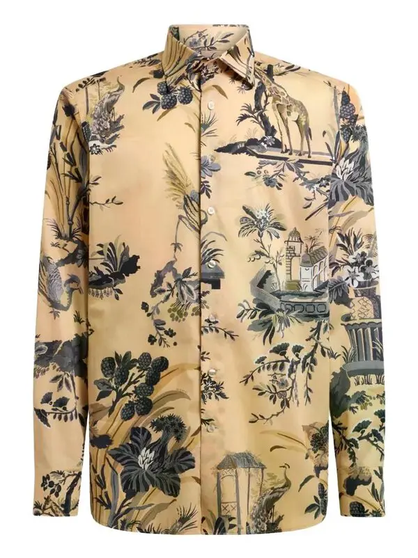 Etro Shirt In Cotton Satin With Flower And Animal-motif - Neutrals